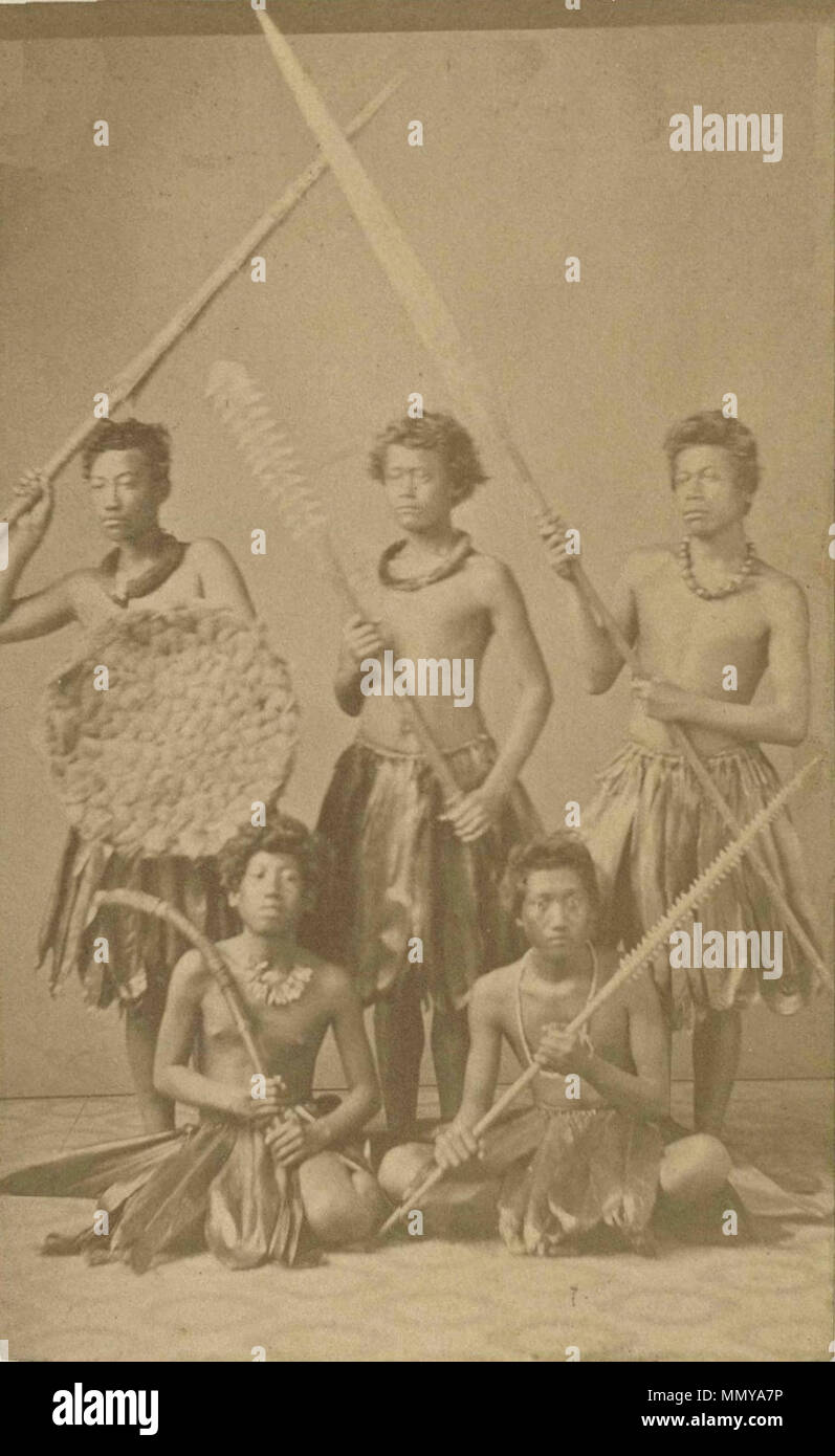 . English: Group of Hawaiian Warriors Dressed in Native Costume, c ...