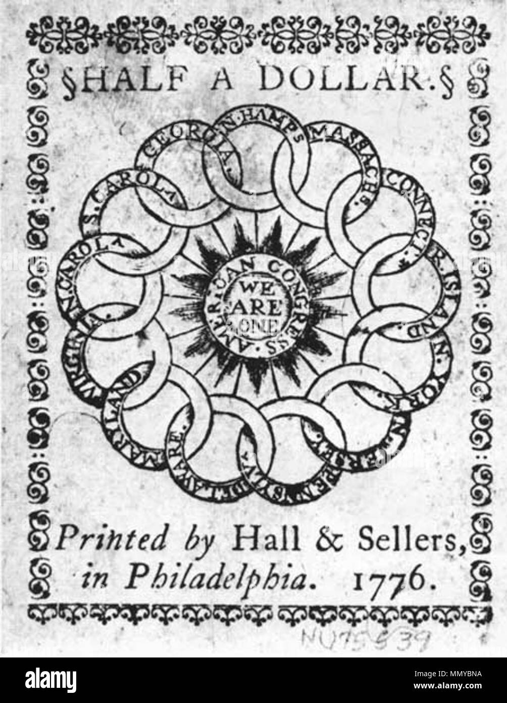 . Reverse of a 1776 Continental currency half Spanish dollar. The note ...