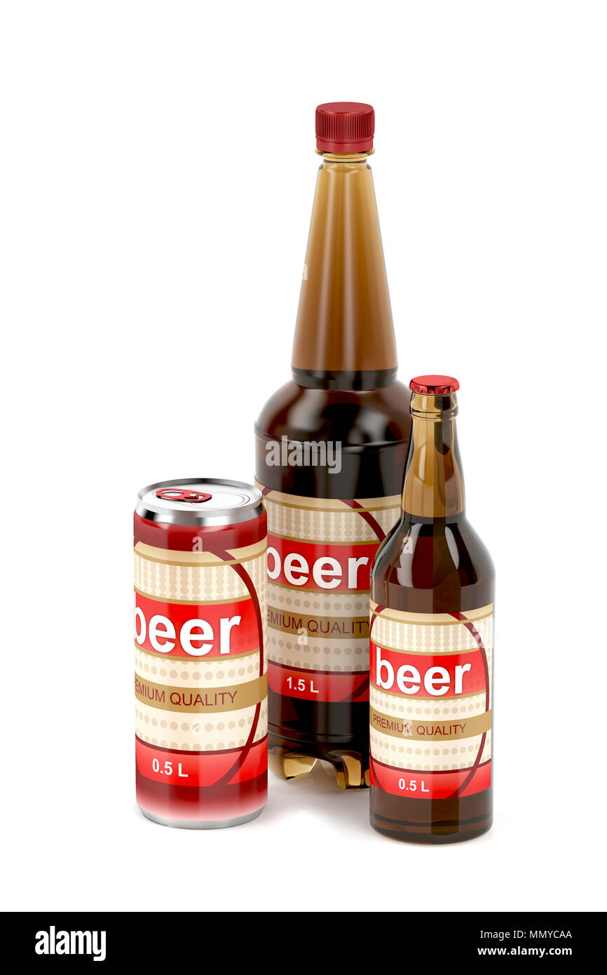 Different types of beer packagings on white background Stock Photo - Alamy