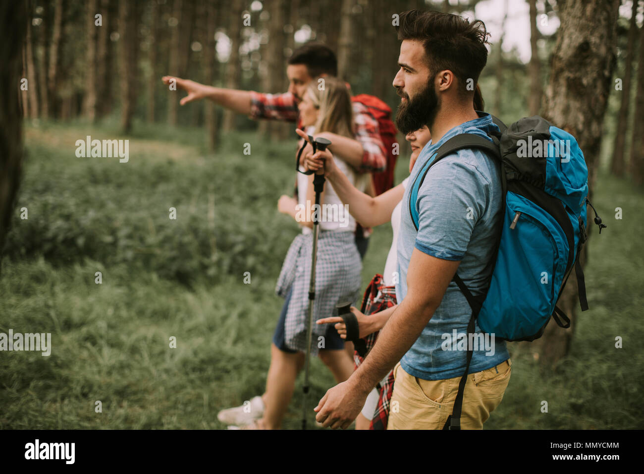Group of young people are hiking in mountain at spring day Stock Photo ...