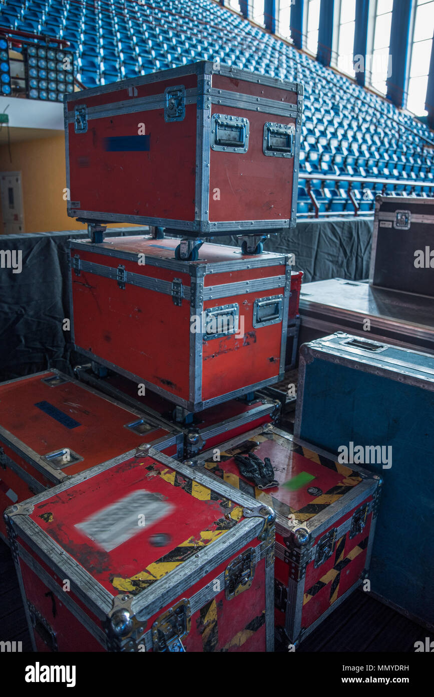boxes for equipment. preparation for a concert Stock Photo - Alamy