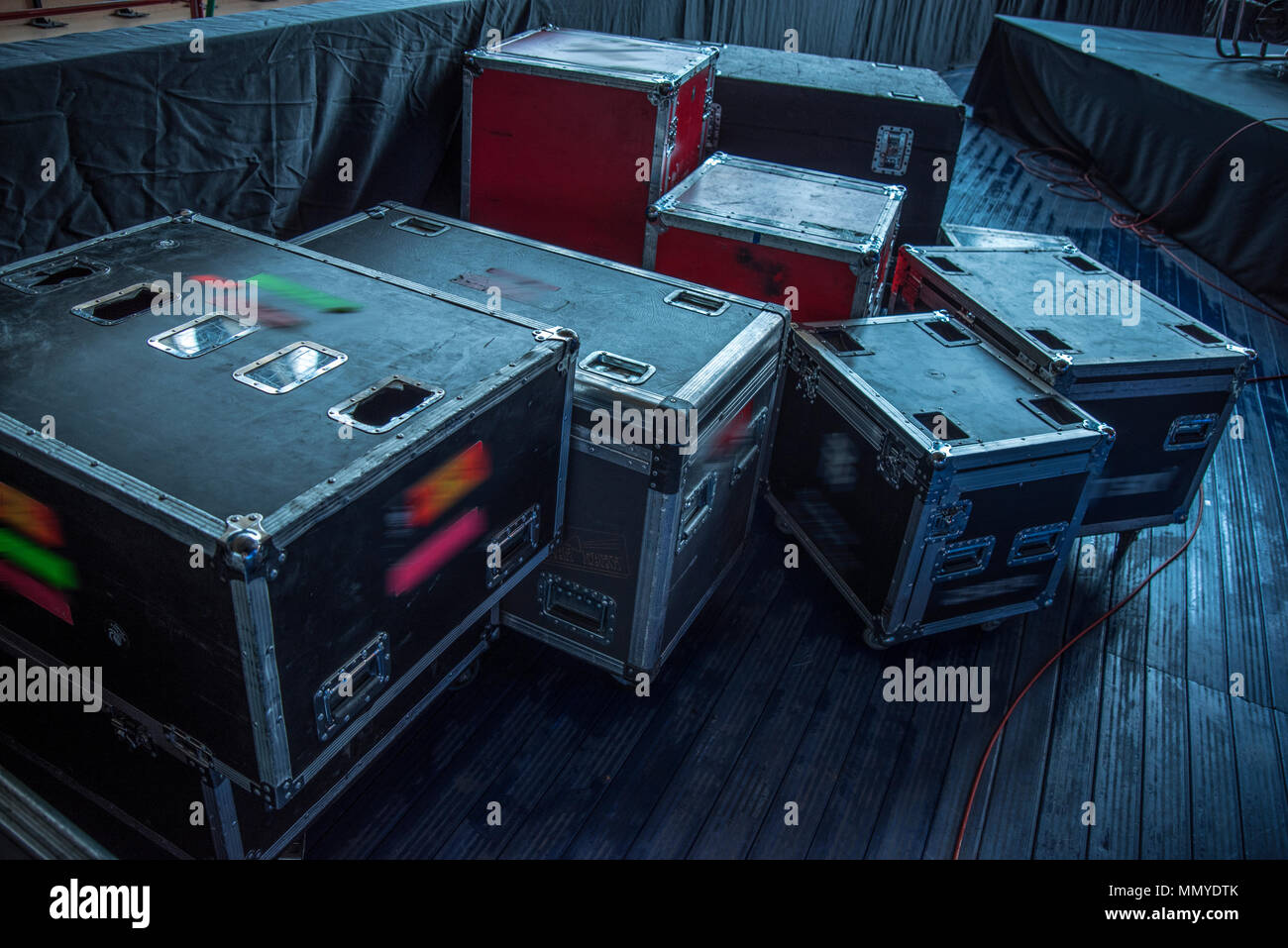 boxes for equipment. preparation for a concert Stock Photo - Alamy