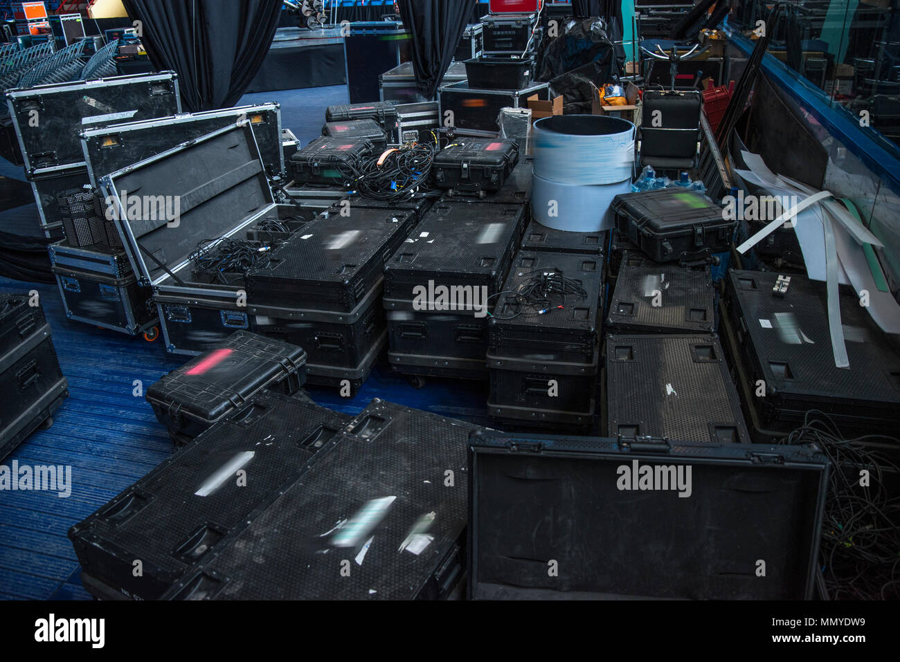 boxes for equipment. preparation for a concert Stock Photo - Alamy