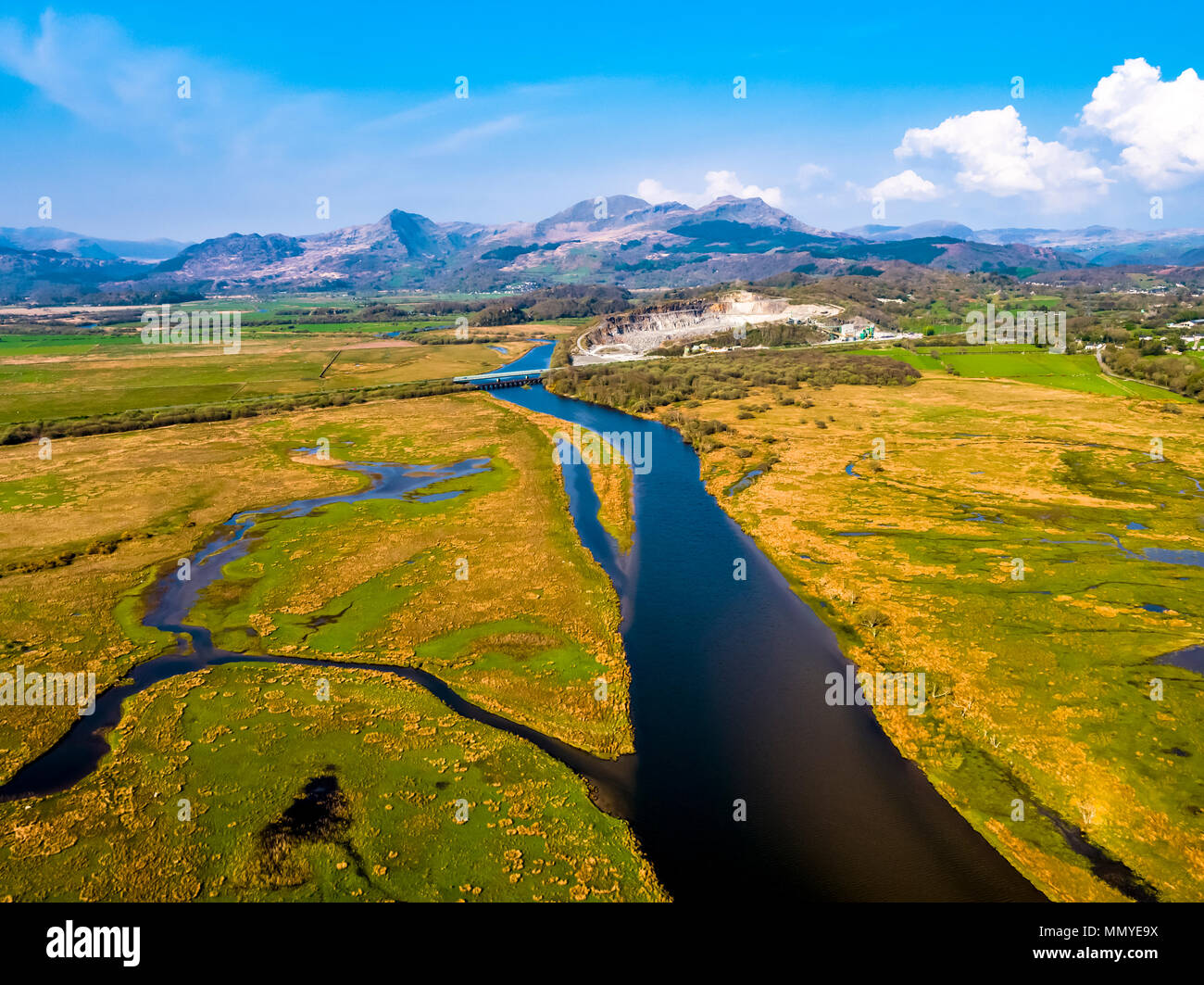 Aerial view of the Glaslyn Marshes close to the railway with the ...