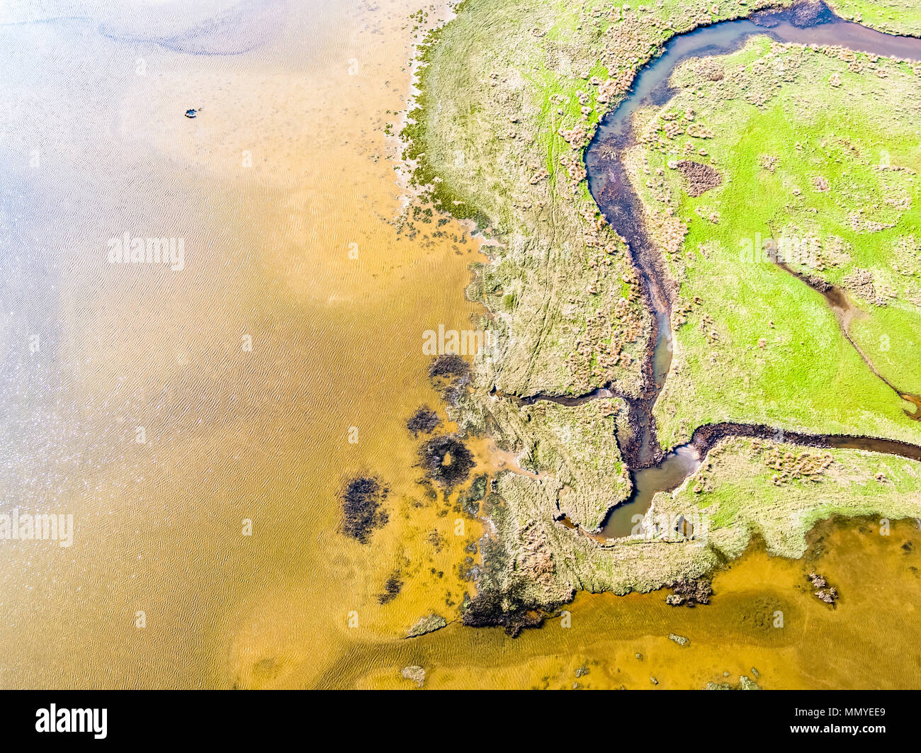 Aerial view of the Glaslyn Marshes close to the railway with the ...
