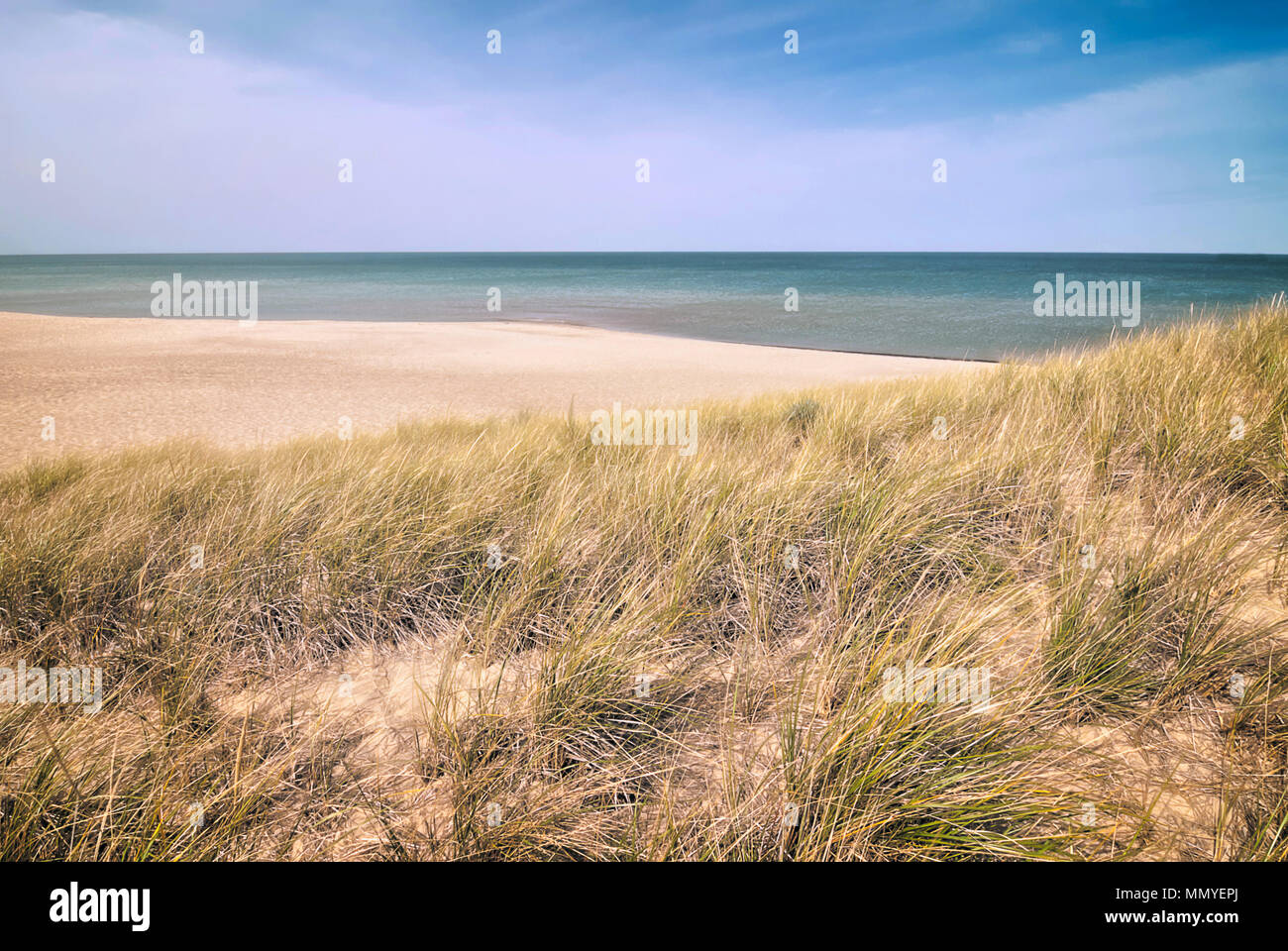 Looking down the white sand beach on Lake Michigan near St. Joeseph ...