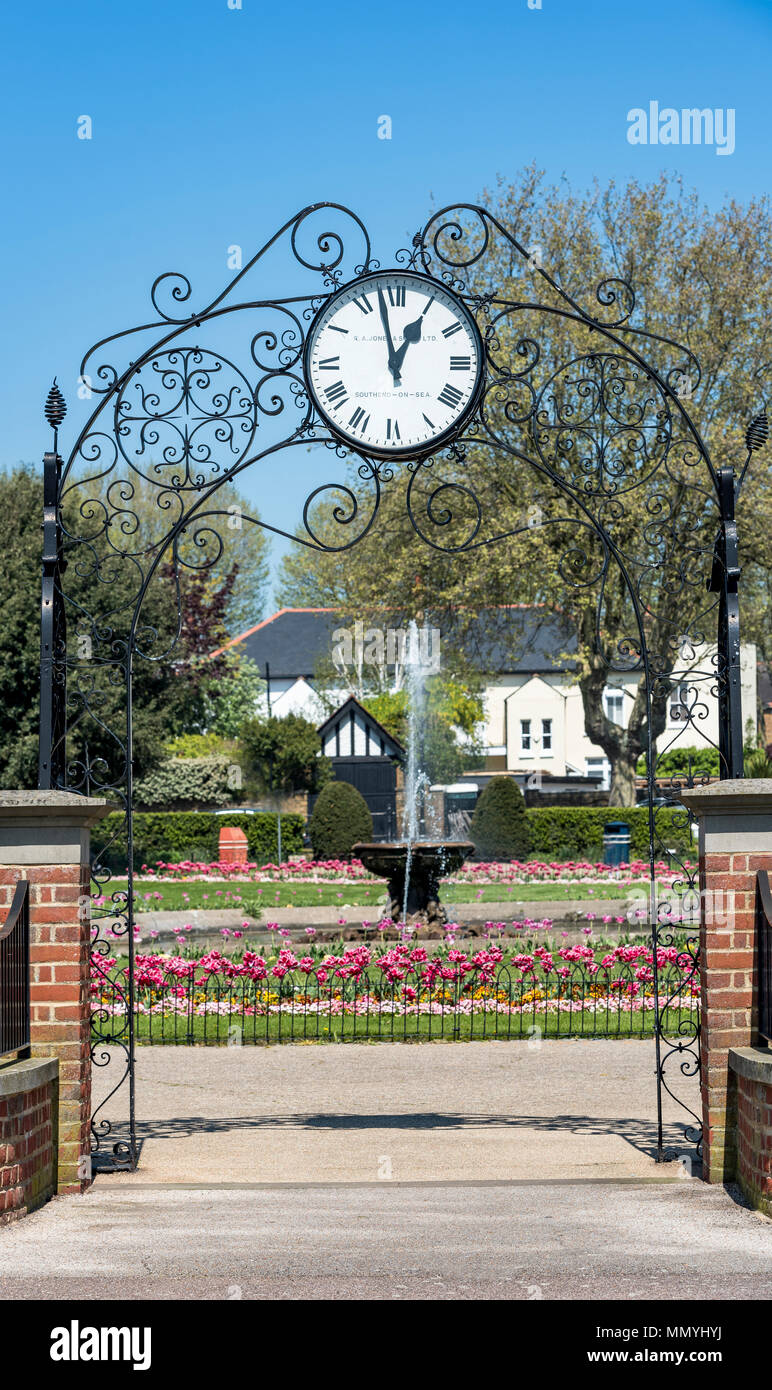 Prittlewell Square entrance gateway clock and flower garden Stock Photo ...