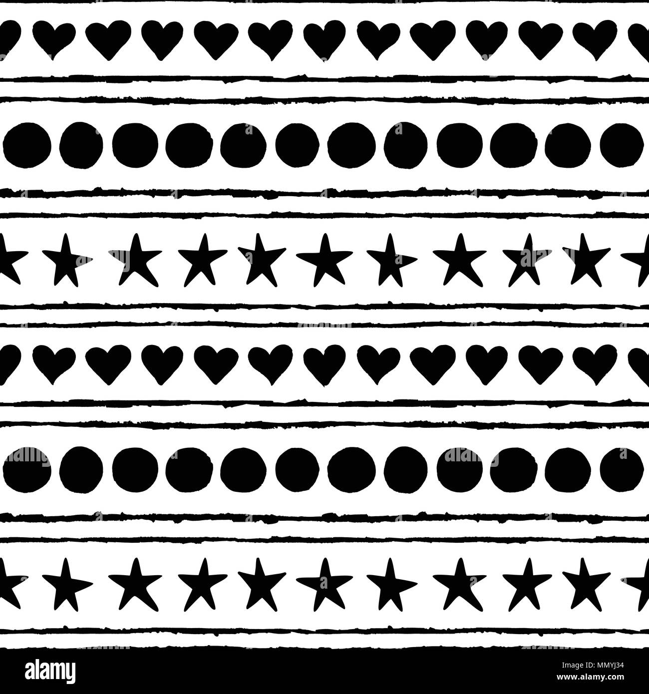 Seamless pattern. Hand drawn stars, circles, hearts and strips isolated ...