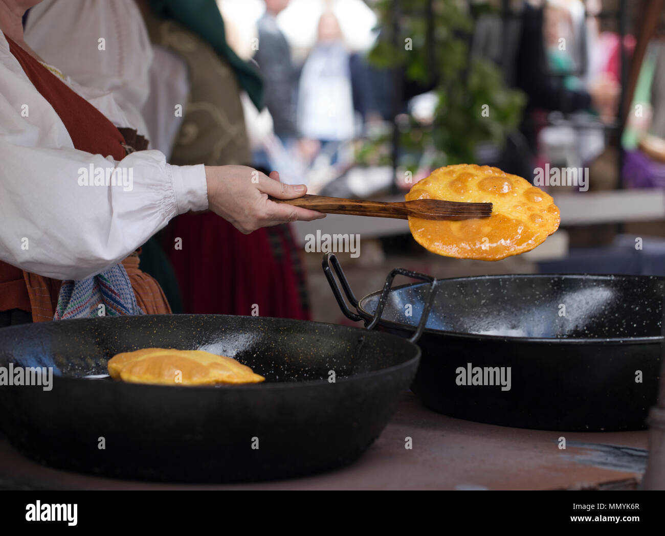 Frying torto de maíz (Corn bread is a typical food in Asturias Stock ...