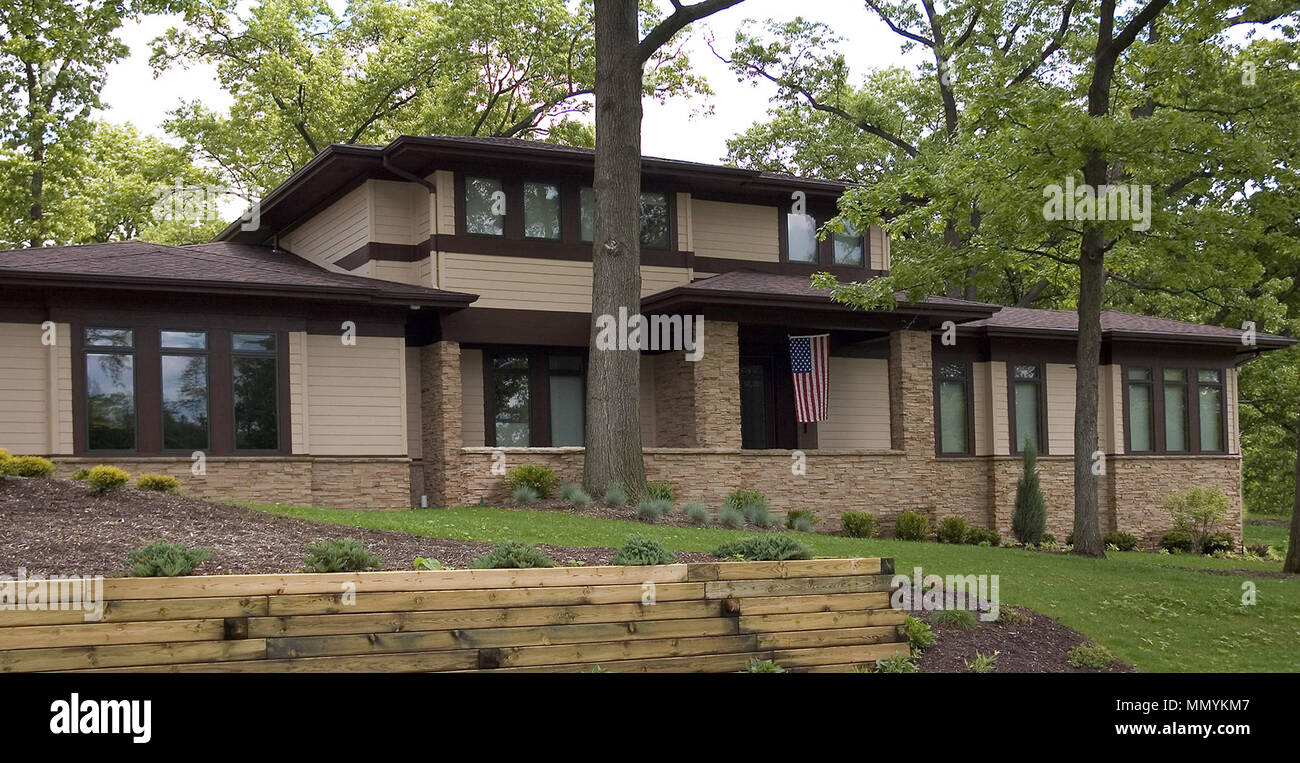 Sprawling ranch style house with an unusual architectural look Stock ...