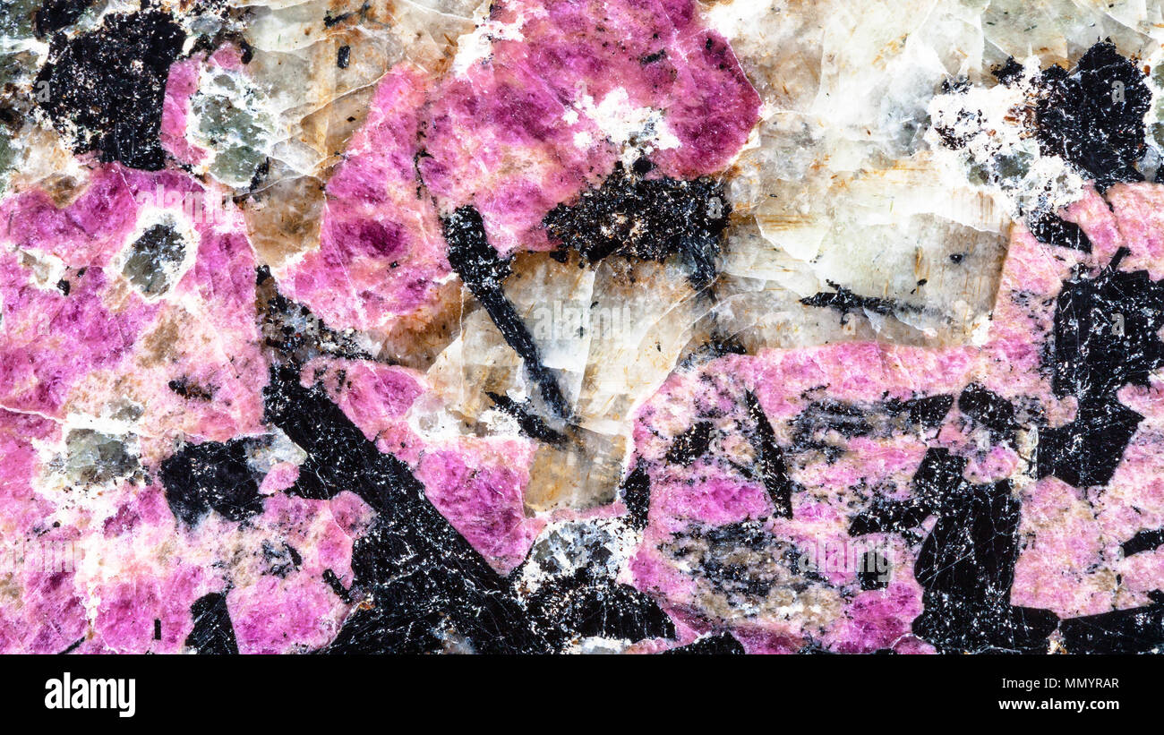 panoramic background from polished pink eudialyte mineral with black ...