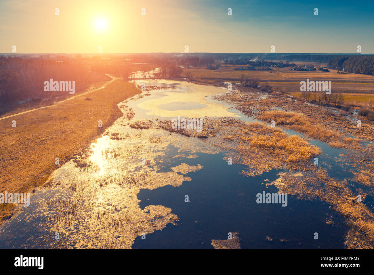 Aerial evening view at countryside and river. Early spring Stock Photo ...