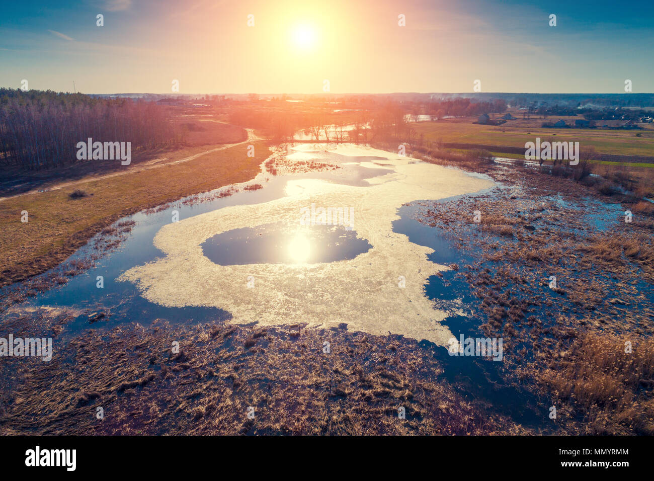 Aerial evening view at countryside and river. Early spring Stock Photo ...