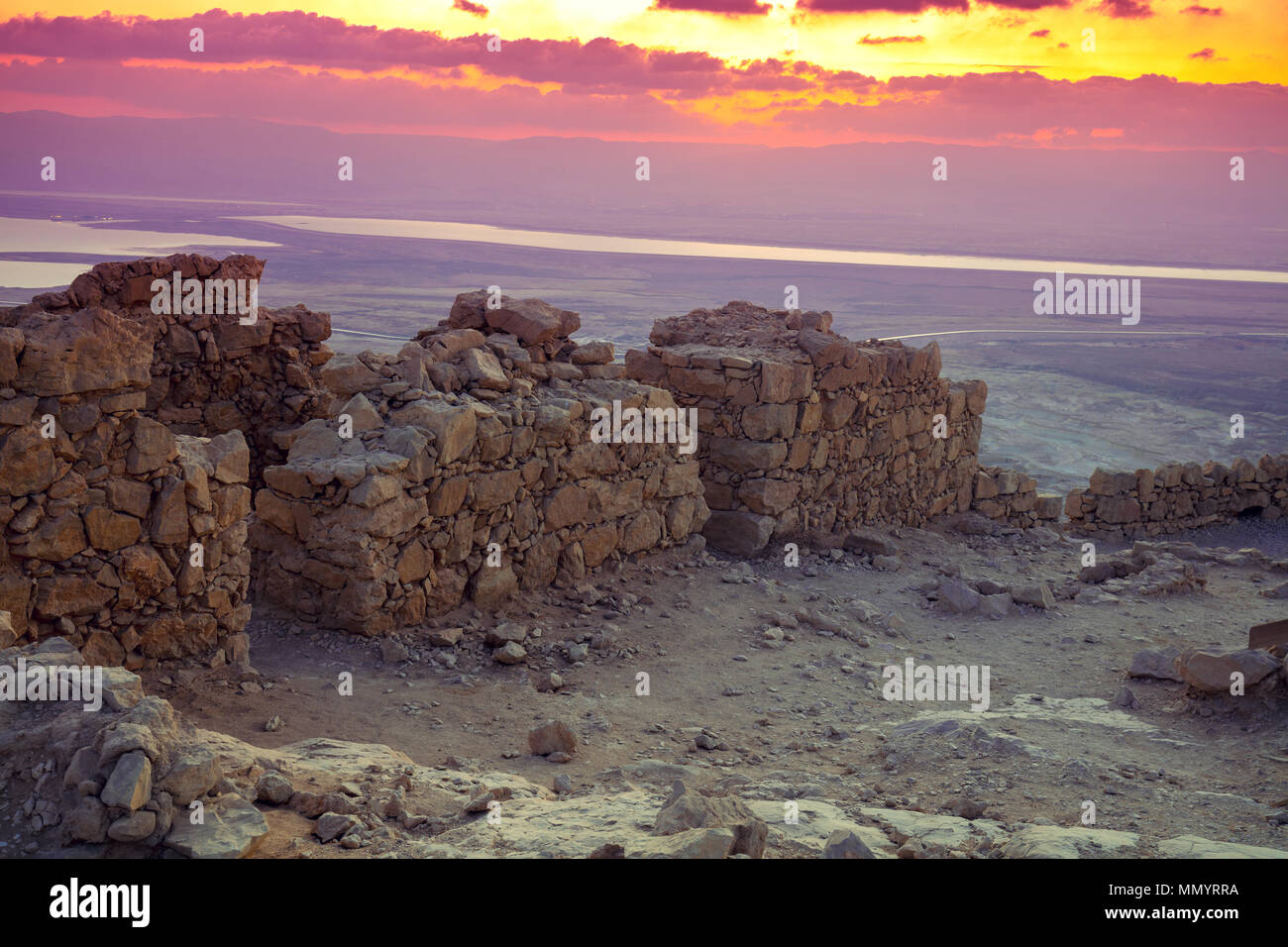 Beautiful sunrise over Masada fortress. Ruins of King Herod's palace in ...