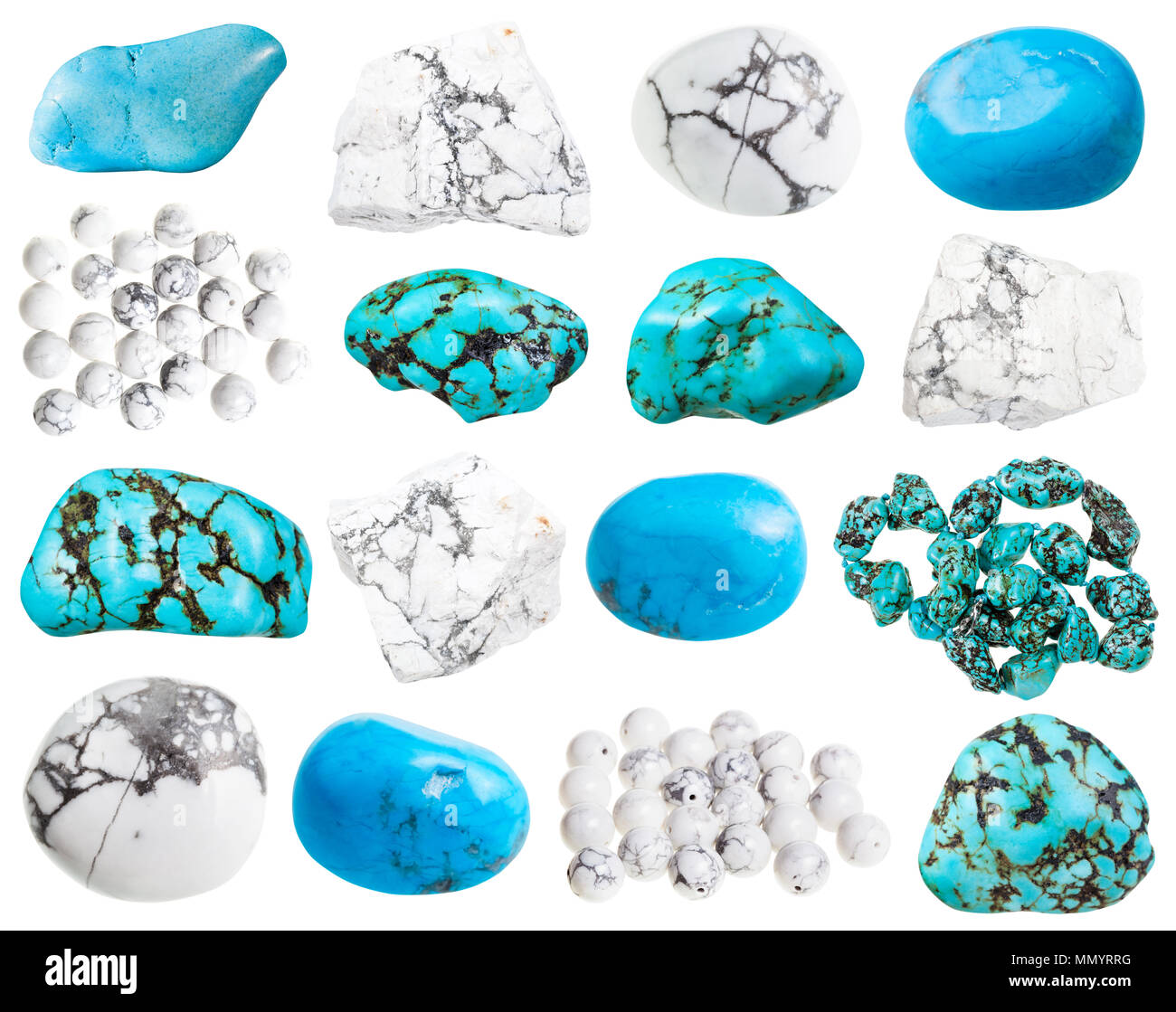 collection of various Howlite gemstones isolated on white background ...