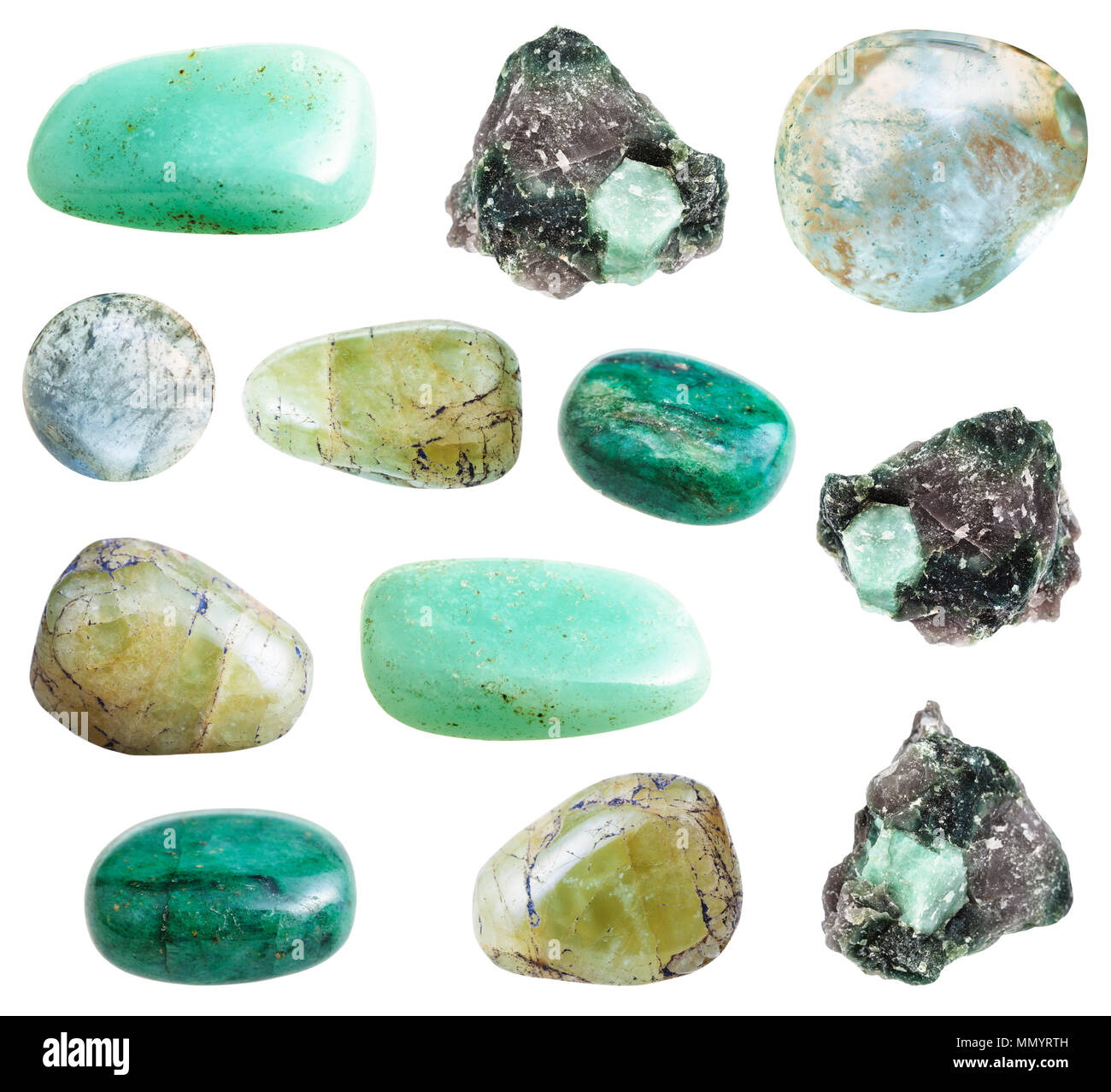 collection of various green Beryl gemstones isolated on white ...