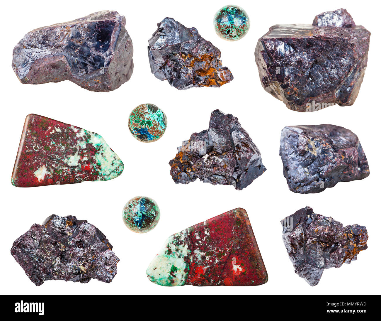 collection of various Cuprite stones isolated on white background ...
