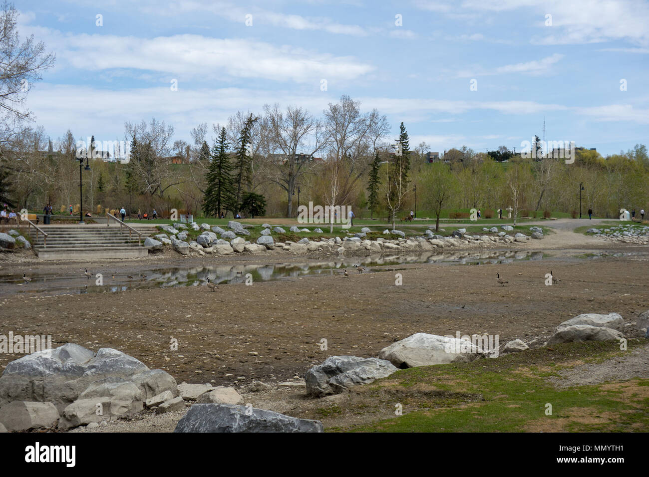 A nearly dry Bow River dammed running between Princes Island Park and ...