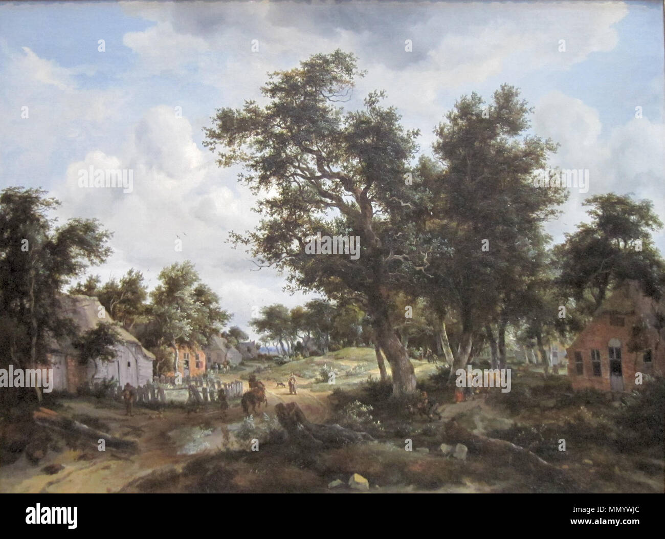 English: A Wooded Landscape with Travelers on a Path through a Hamlet ...