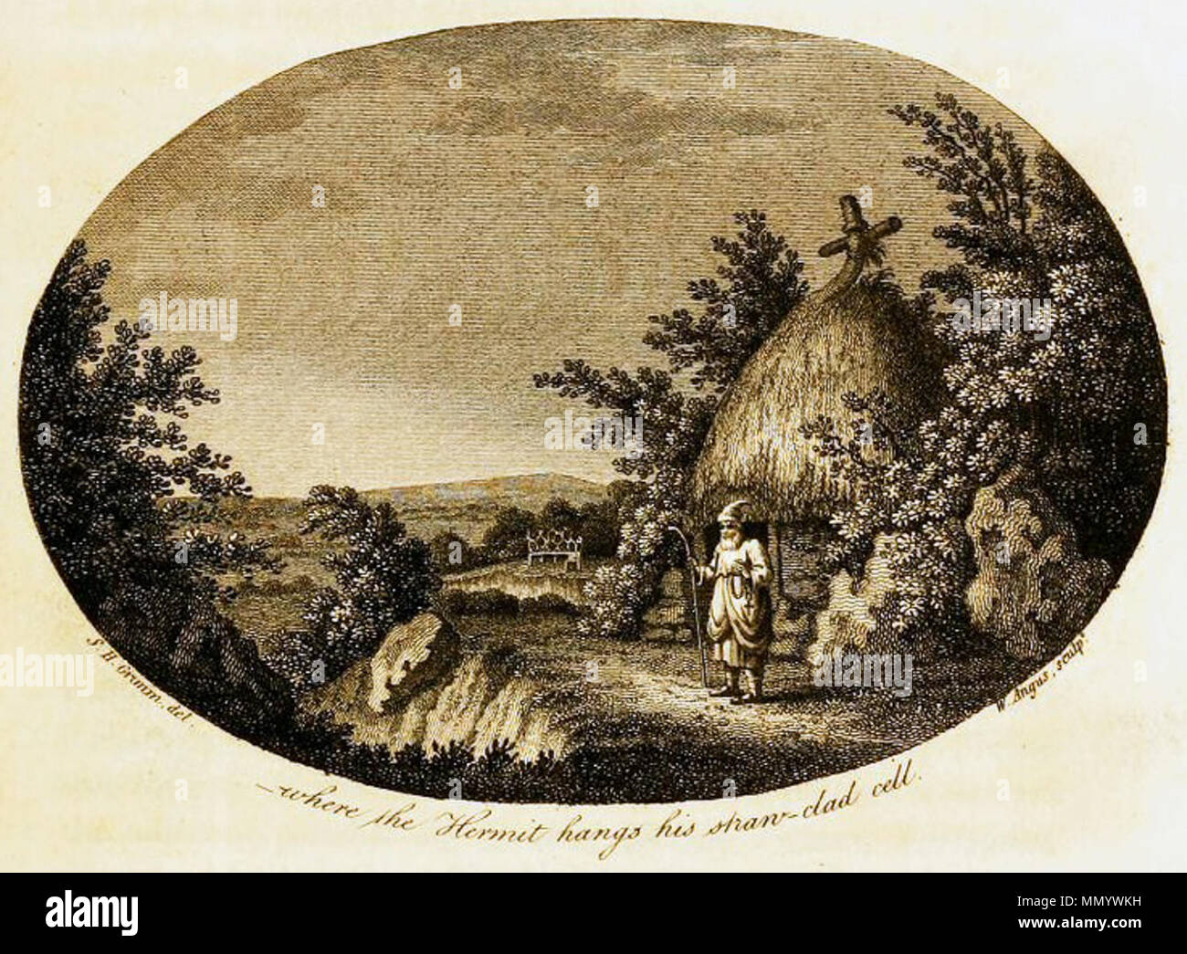 . English: Half-title oval illustration where the hermit hangs his ...