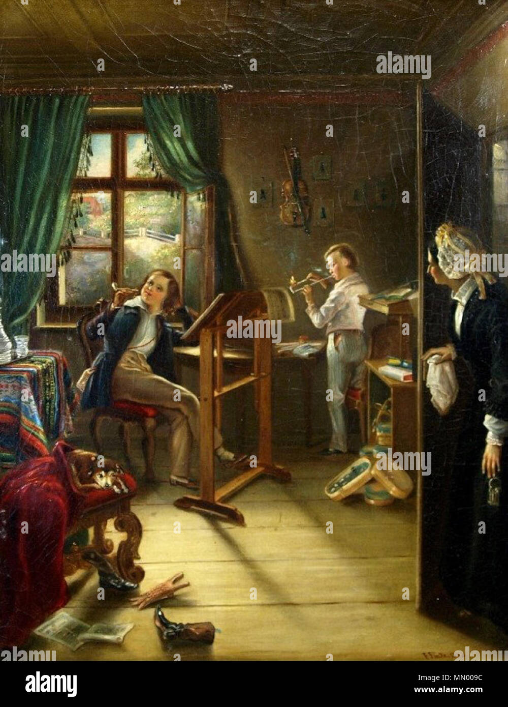 . Deutsch: Kinder rauchen heimlich im Zimmer. Signiert. Öl auf ...