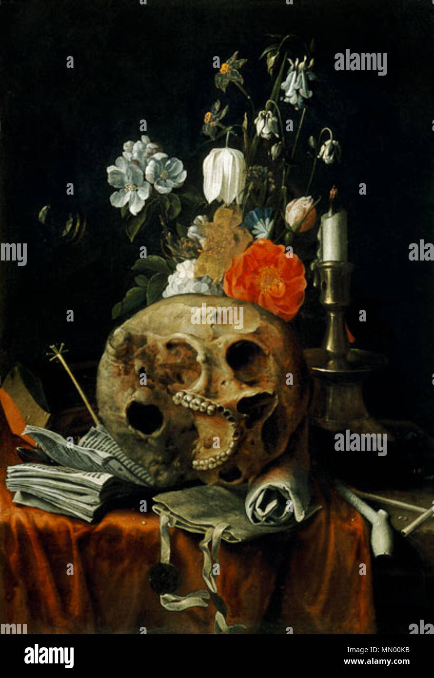 Vanitas still life with a bunch of flowers, a candle, smoking ...