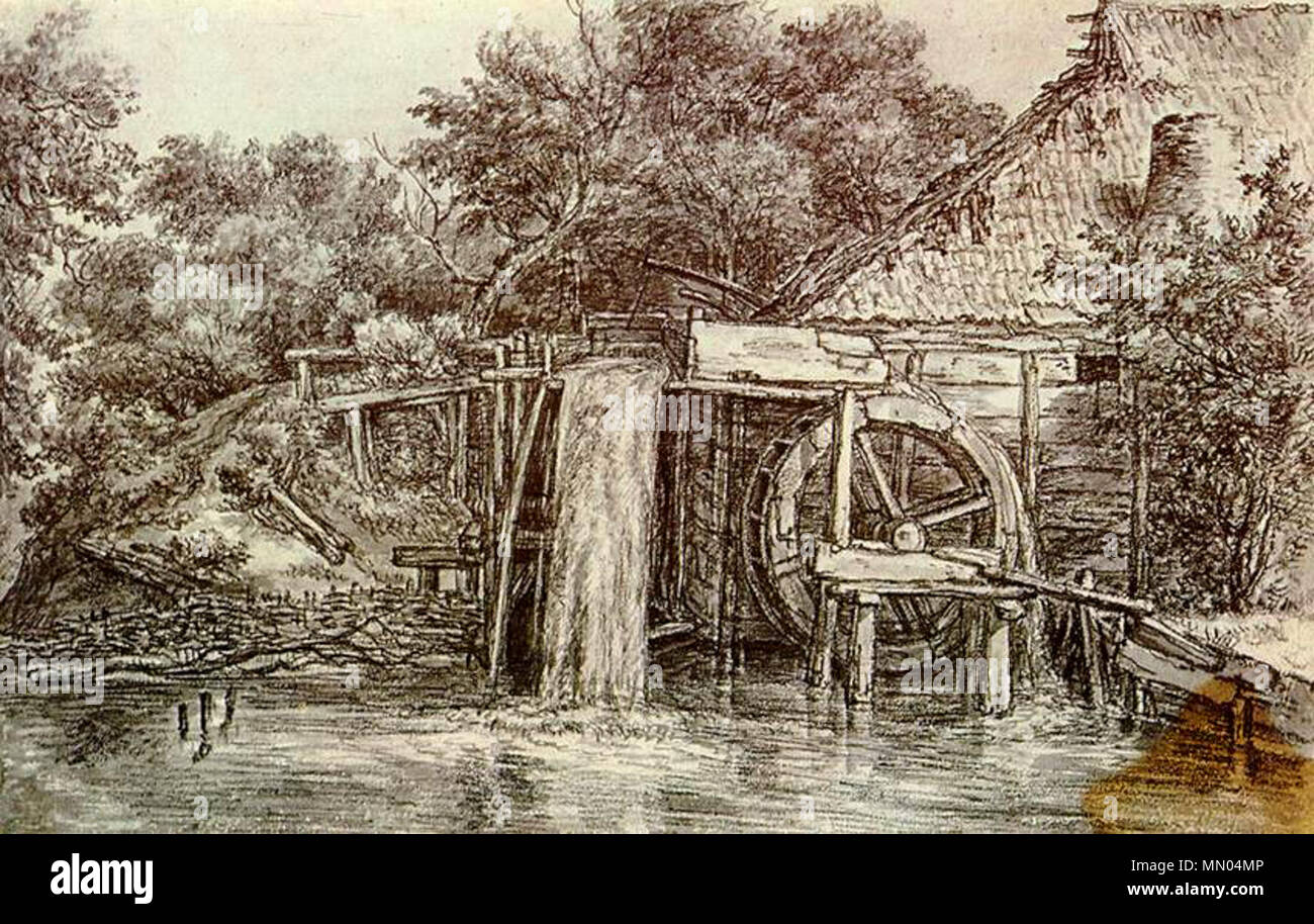 English: Watermill . second half of 17th century. Hobbema02 Stock Photo ...