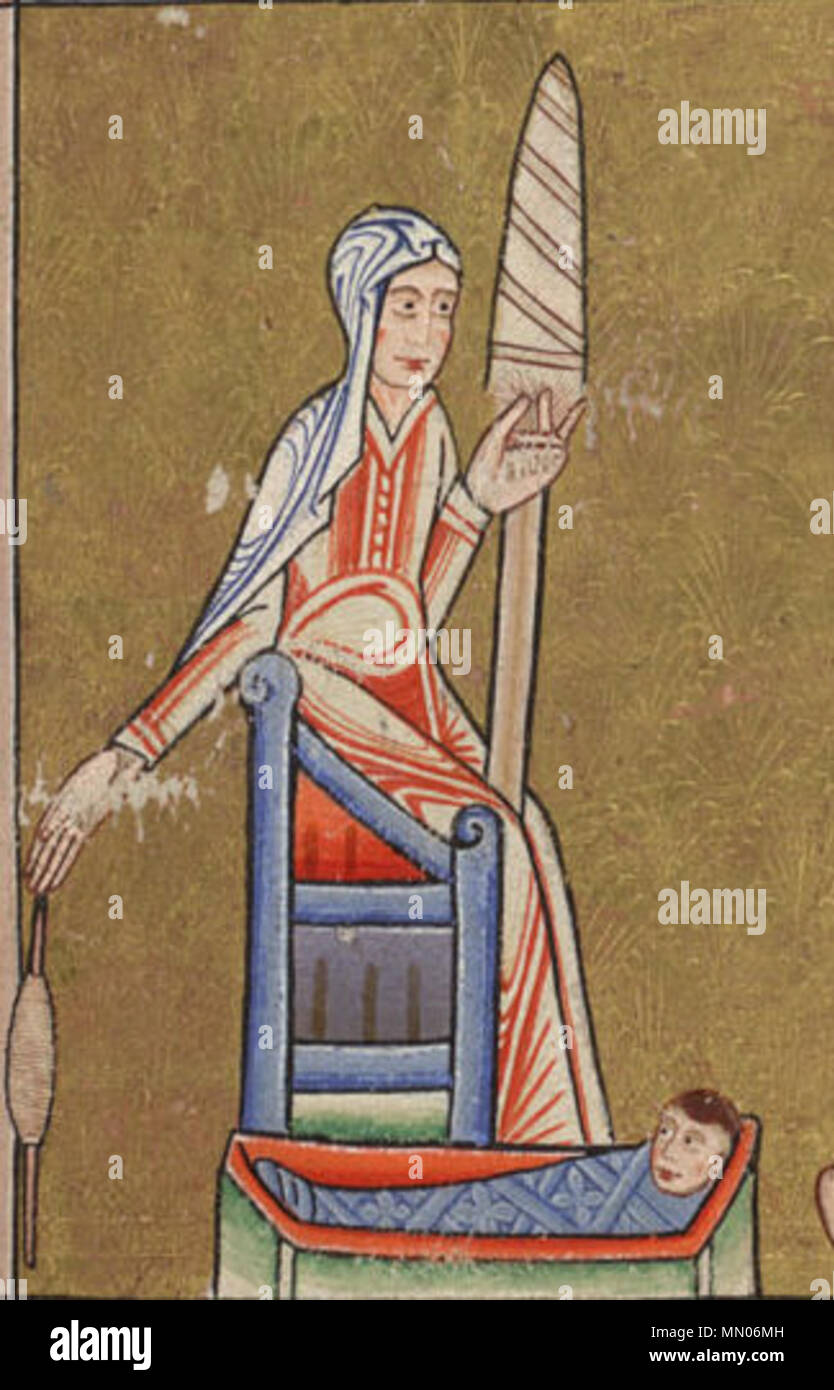 . 'Eve spinning', folio 8r, detail from the Hunterian Psalter, Glasgow ...