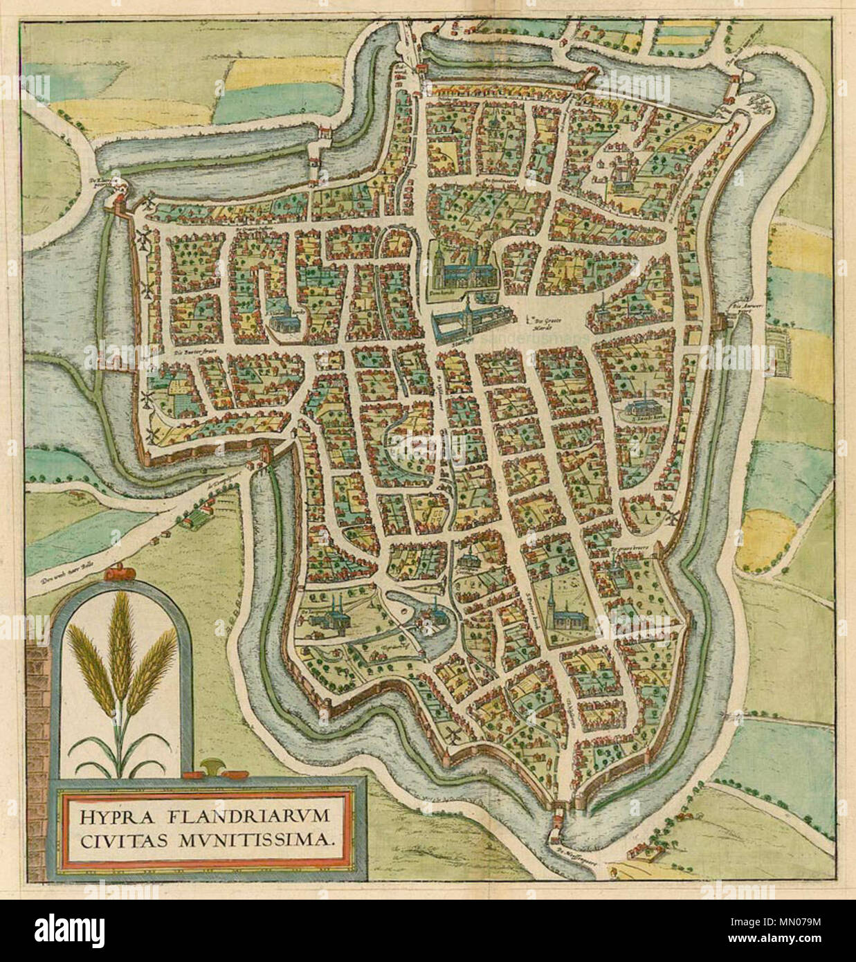 . English: Antique map of Ieper by Braun & Hogenberg Hypra Flandriarum ...