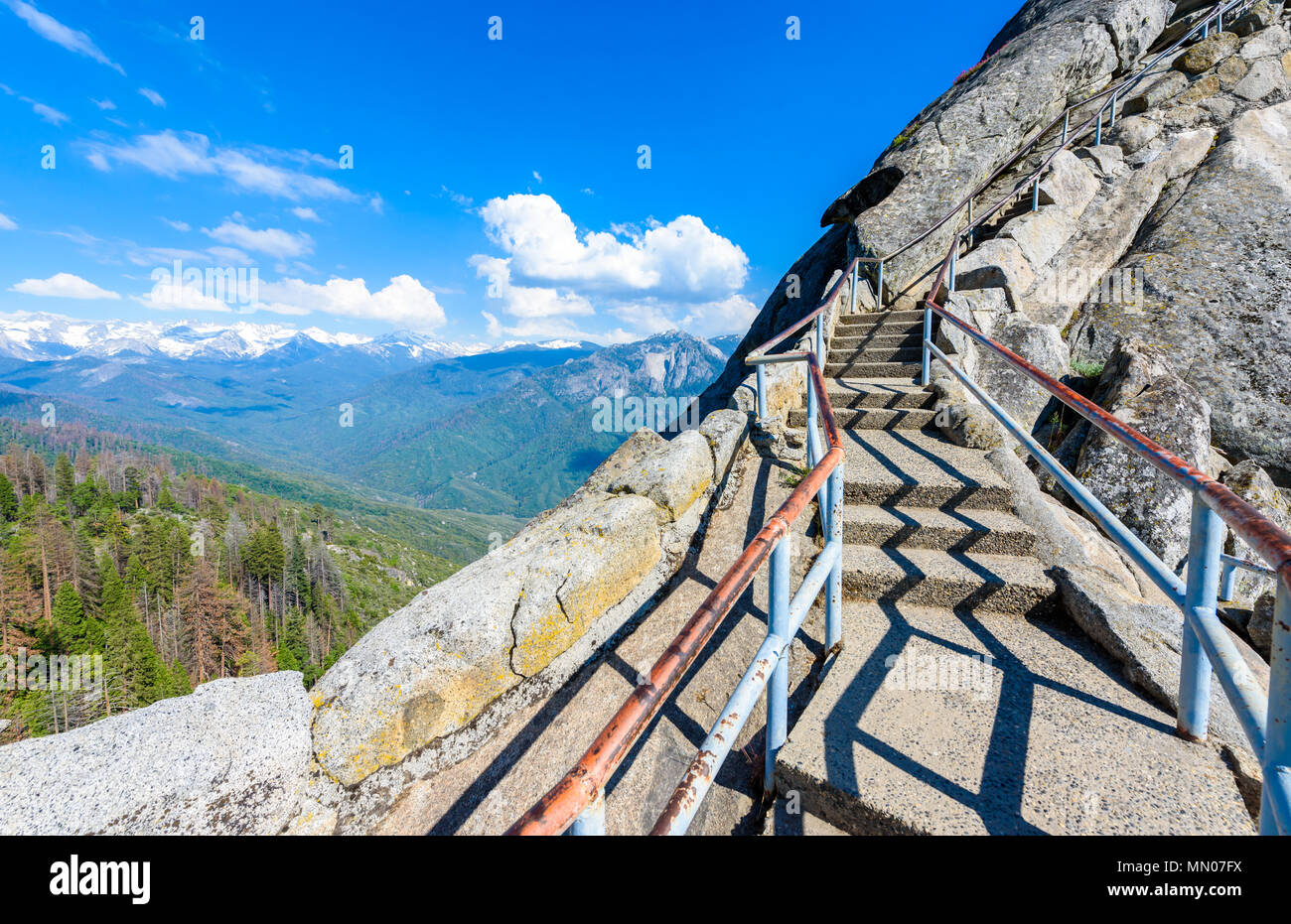 Hike on Moro Rock Staircase toward mountain top, granite dome rock ...