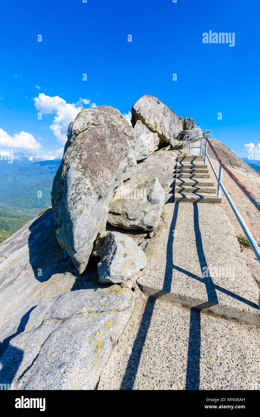 Hike on Moro Rock Staircase toward mountain top, granite dome rock ...