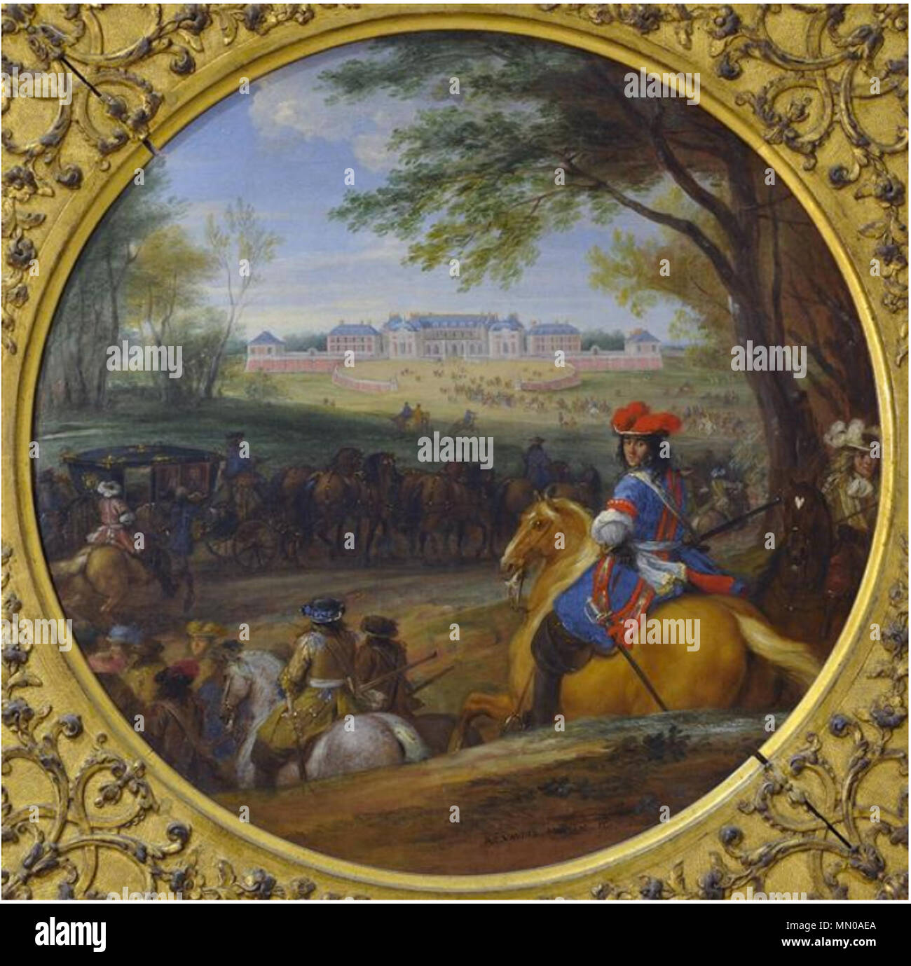 Arrival of Louis XIV with his guards in front in view of he old Castle ...