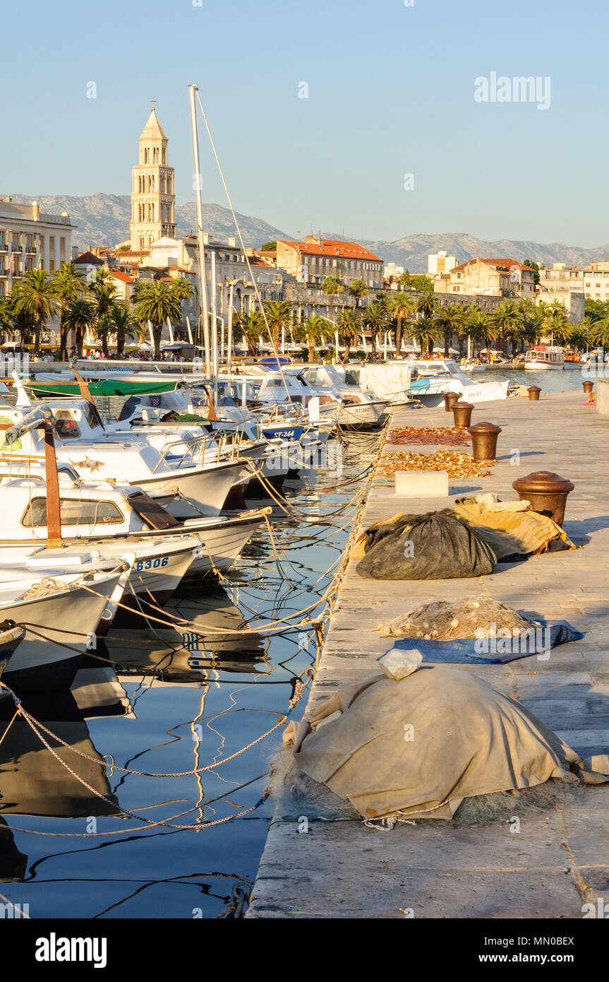 Fishing boats tied to pier in Matejuska Bay - Split, Croatia Stock ...