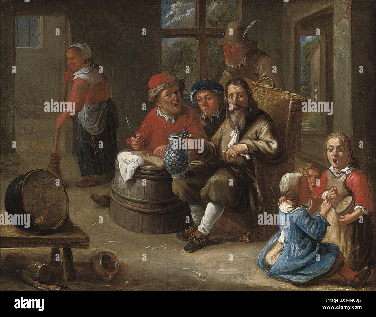 English: Peasants smoking and drinking with children making music and ...