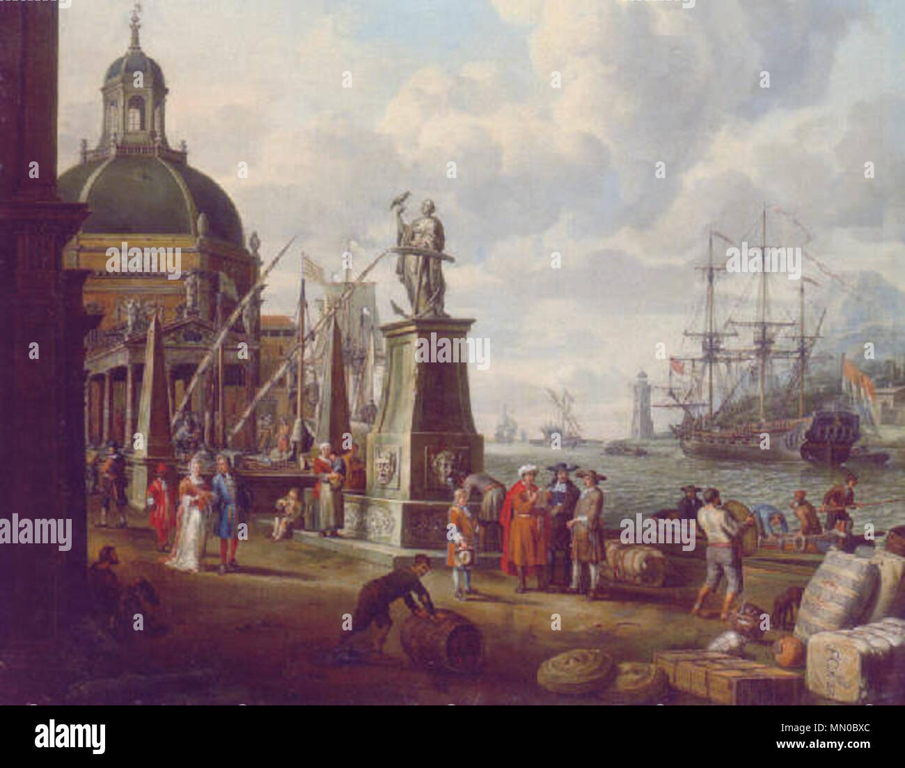 . English: Mediterranean harbour with merchants, an elegant couple on ...