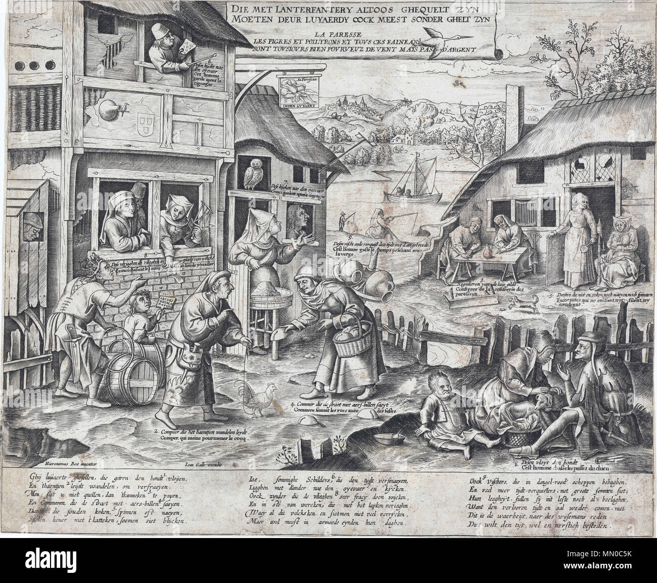 Spotprent op de luiheid.. between 1546 and 1562. Frans Huys 002 Stock ...