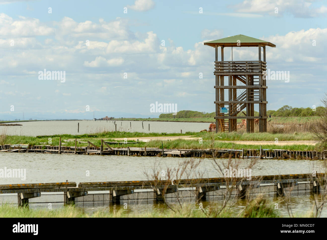 park watchtower at the lagoon, shot in bright spring sun light at ...