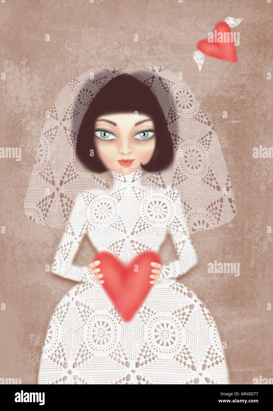 Girl in white wedding dress with veil and heart in hand. Mysterious ...