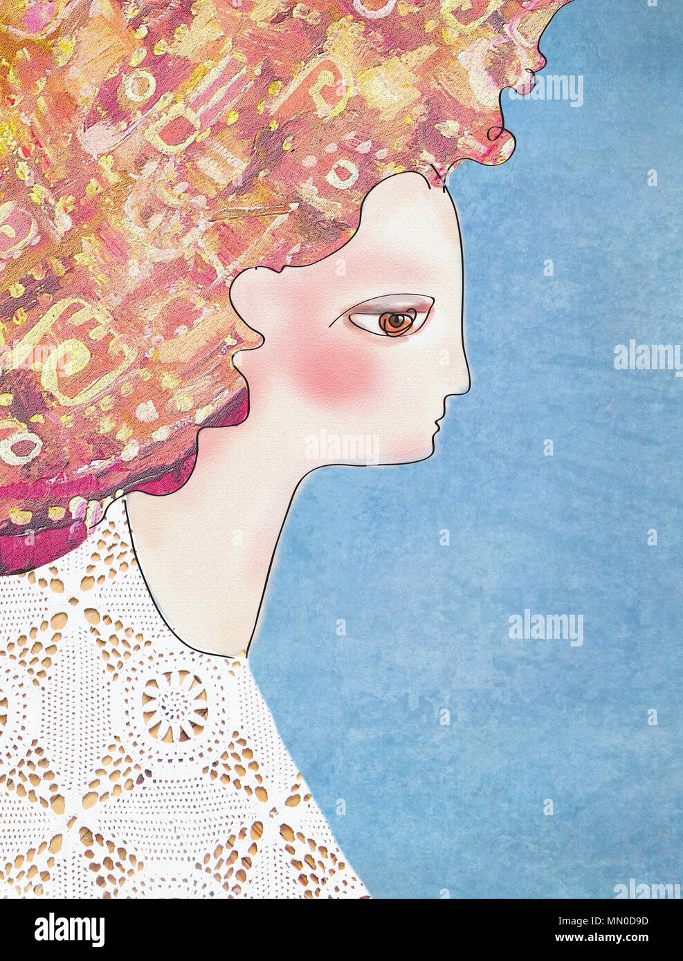 Girl in a white crocheted lace dress with foxy hair. Mysterious ...