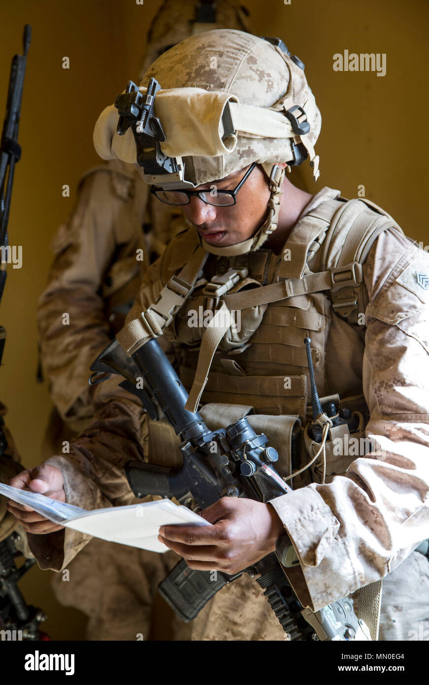 U.S. Marine Corps Staff Sgt. Roman P. Miranda, a platoon sergeant with Bravo Company, 1st ...