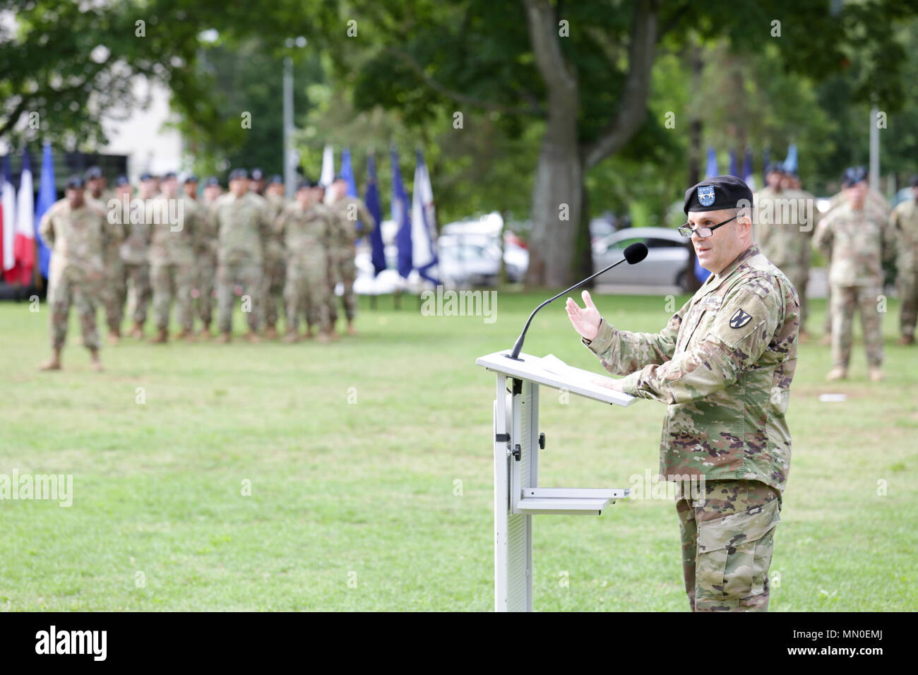 Maj. Gen. Steven Shapiro, commanding general of the 21st Theater Sustainment Command, addresses ...