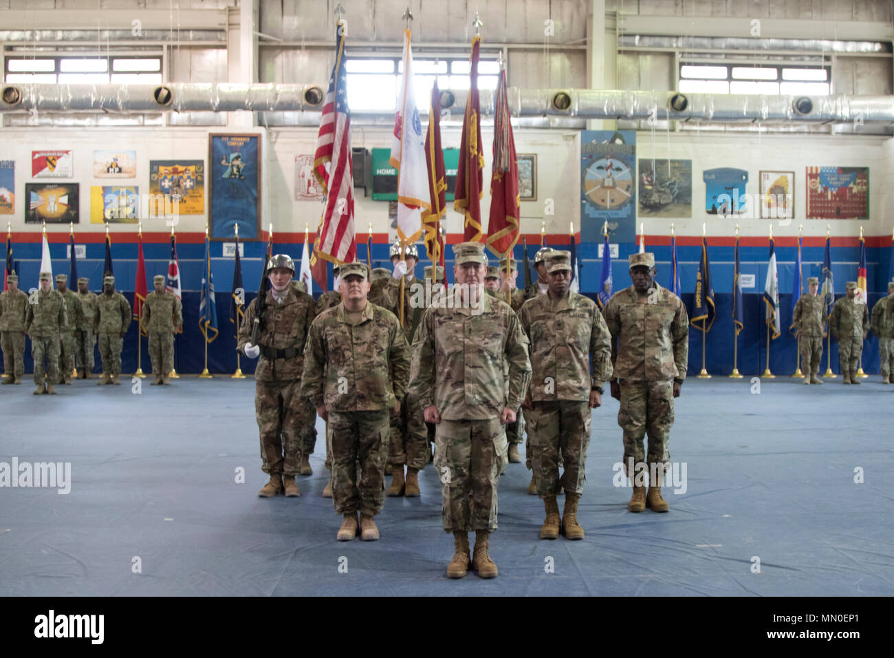 The official party of the 595th Transportation Brigade change of command and change of ...