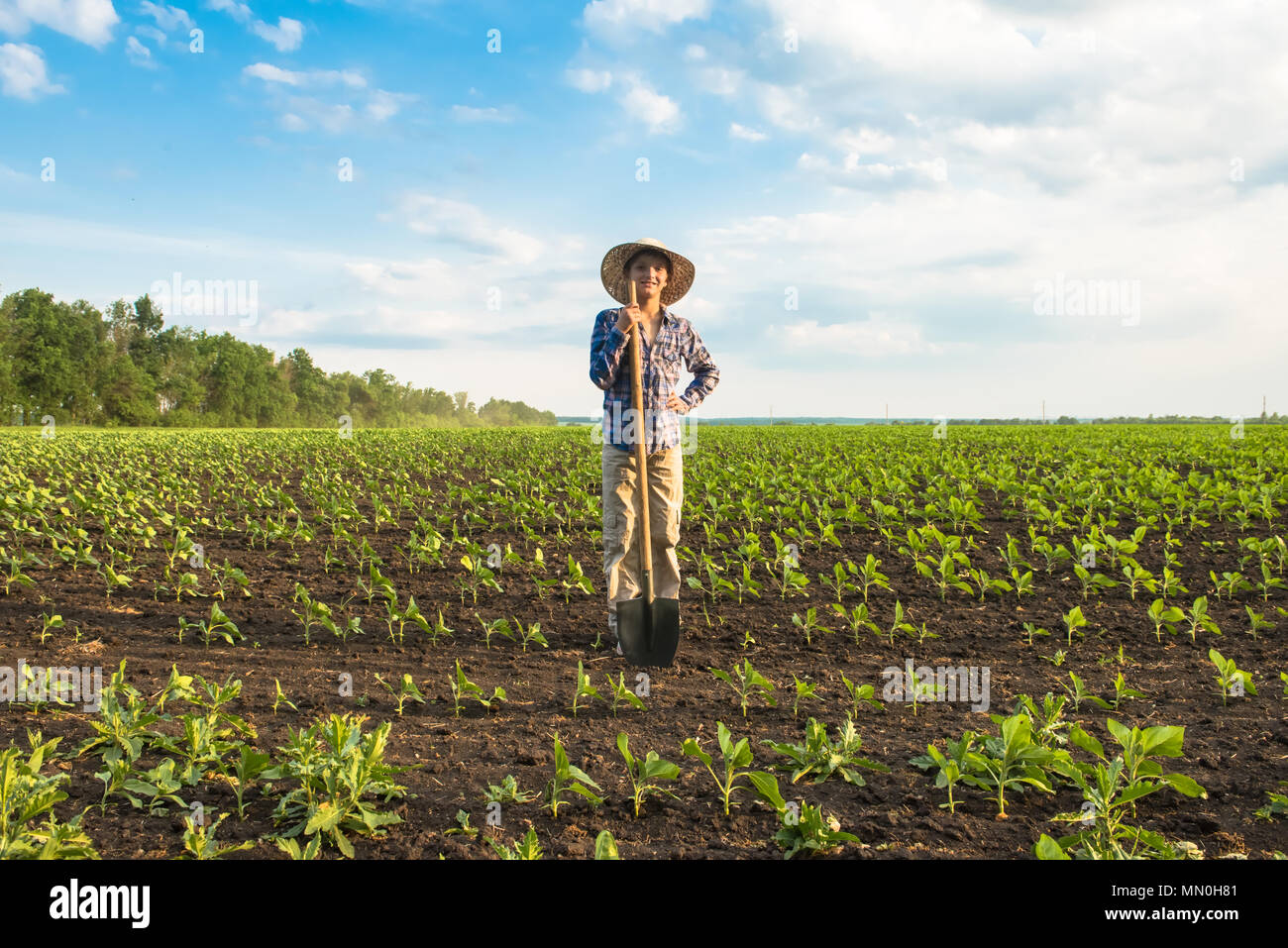 Happy small farmer with spade in spring field gardening Stock Photo - Alamy