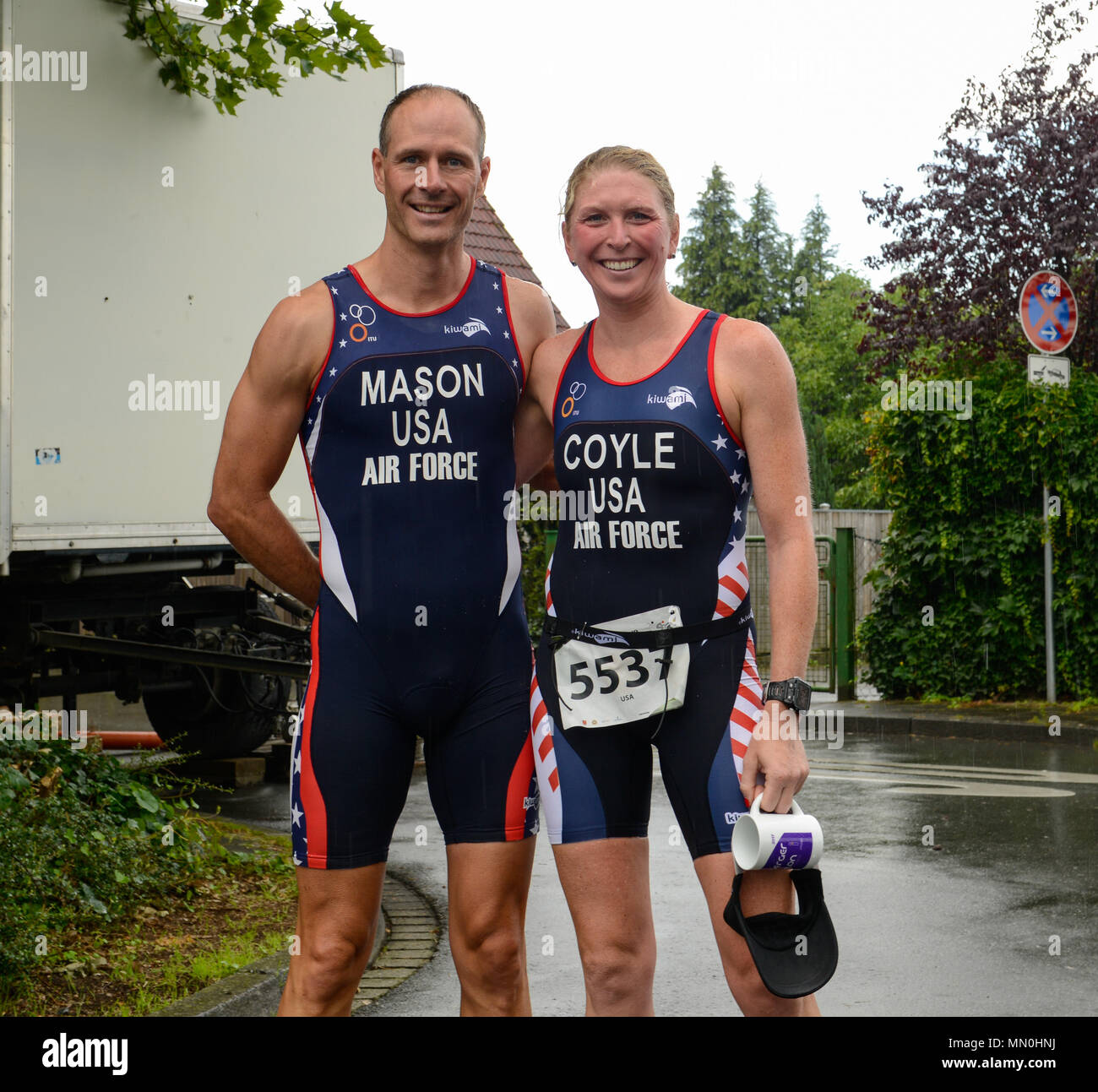 Air Force Lt. Col. Jon Mason (left) and Air Force Maj. Judy Coyle pose ...