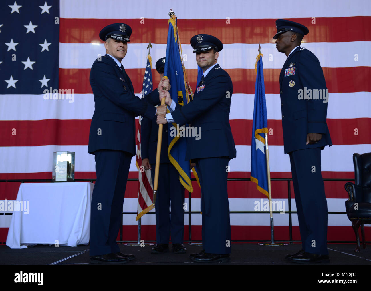 U.S. Air Force Maj. Gen. Thomas Bussiere, left, 8th Air Force commander ...