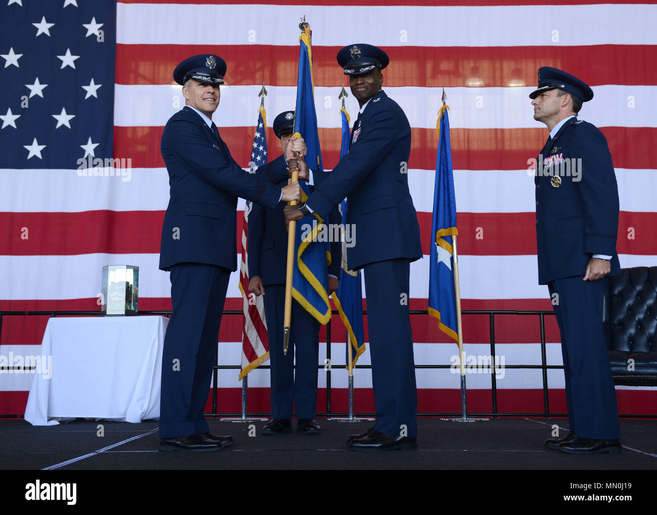 U.S. Air Force Maj. Gen. Thomas Bussiere, left, 8th Air Force commander ...