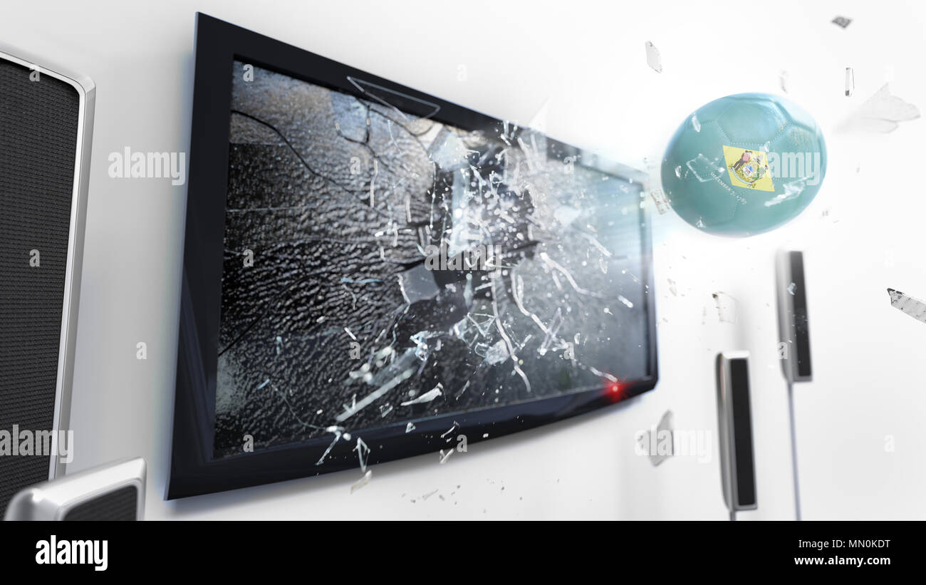 Soccer ball with the flag of Delaware flying through a shattering tv ...