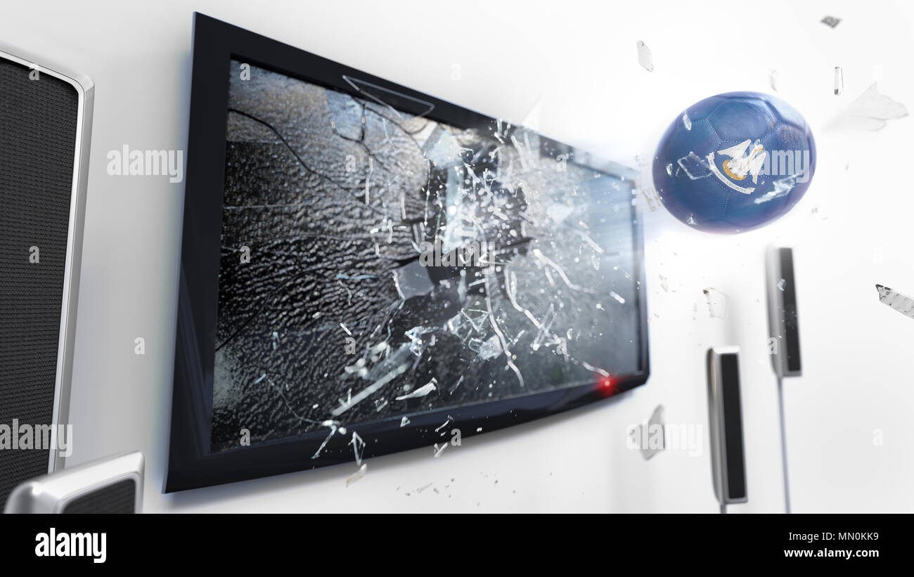 Soccer ball with the flag of Louisiana flying through a shattering tv ...