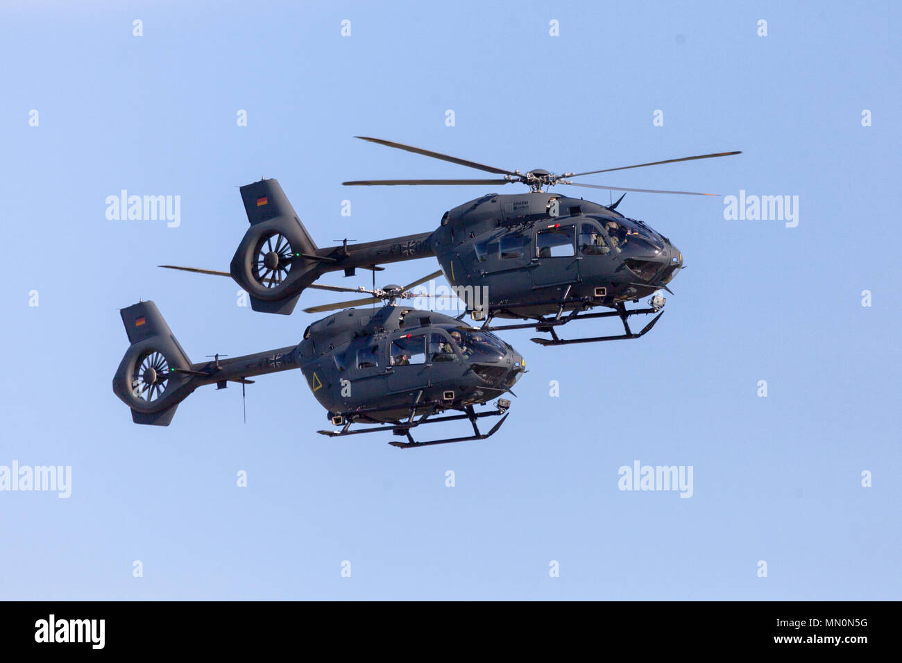BERLIN / GERMANY - APRIL 28, 2018: German military H145M from Airbus flies at airfield ...