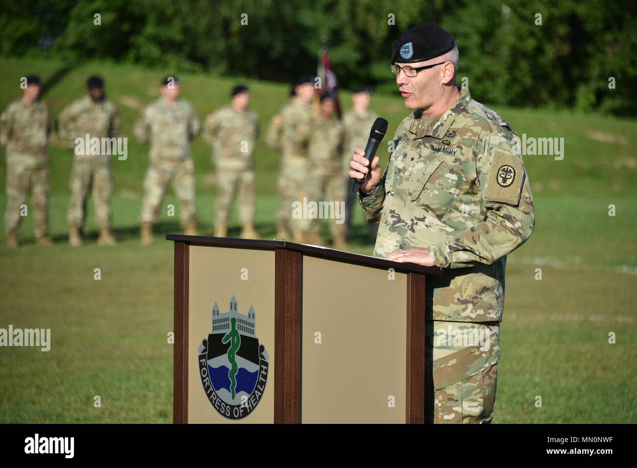 The Commander of the Regional Health Command Europe Brig. Gen. Dennis P. LeMaster gives a speech ...